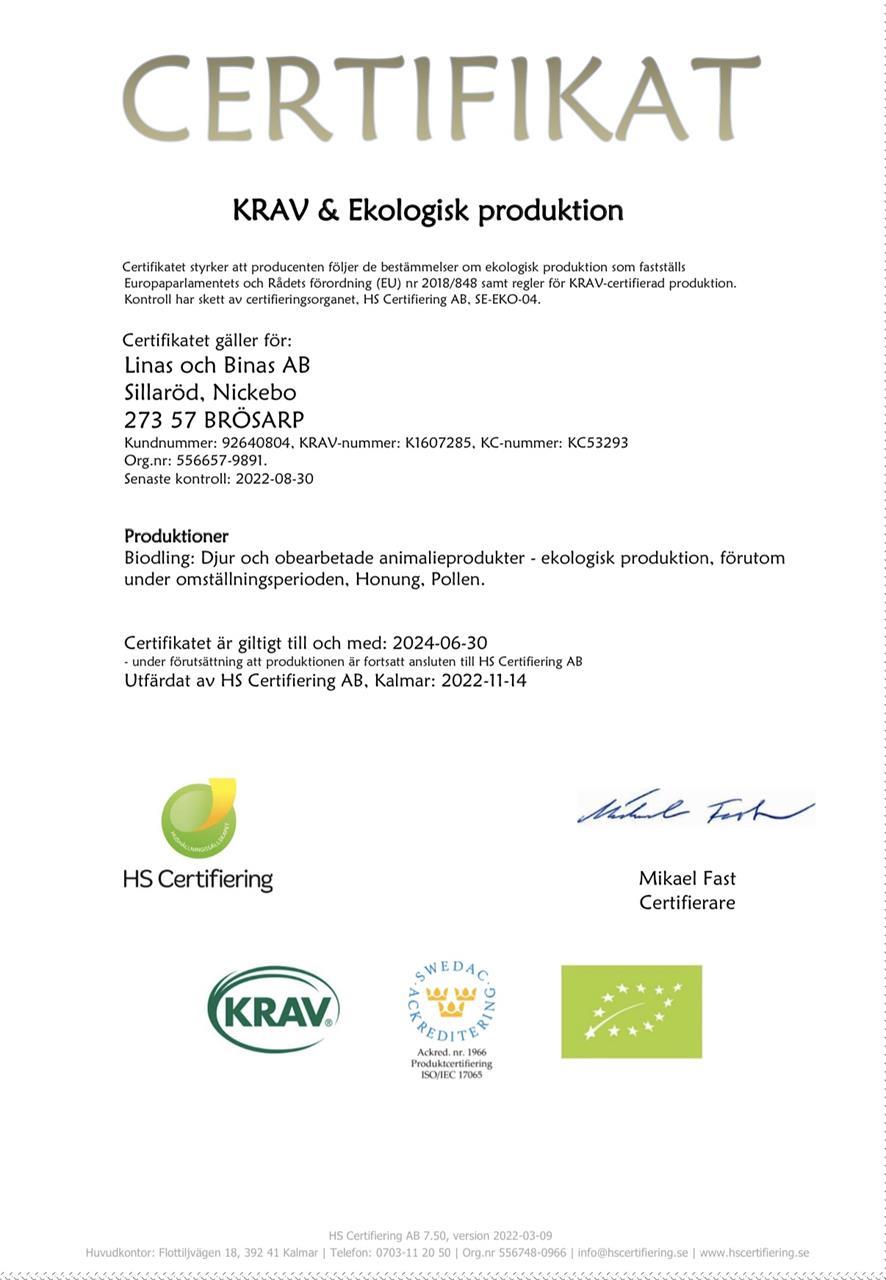 Vårt KRAV-certifikat